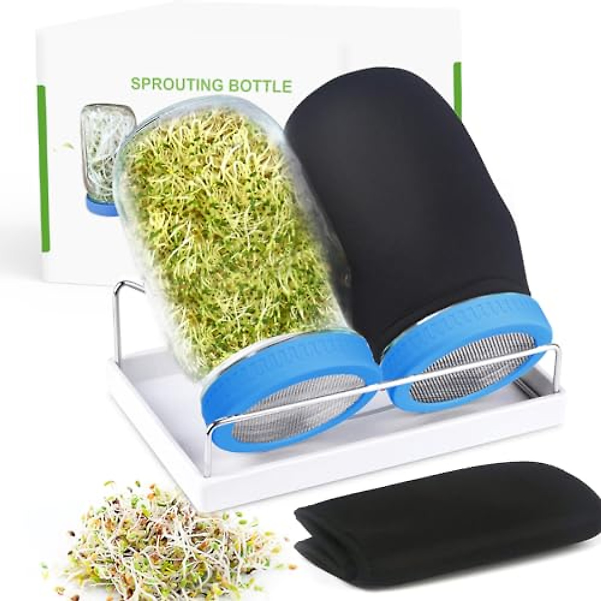 Sprouting Jars, Sprout Growing Kit Including Wide Mouth Mason Jars, Sprout Lids, Blackout Sleeves, Tray and Stander, Sprouts Growing Kit for Microgreens Alfalfa Broccoli