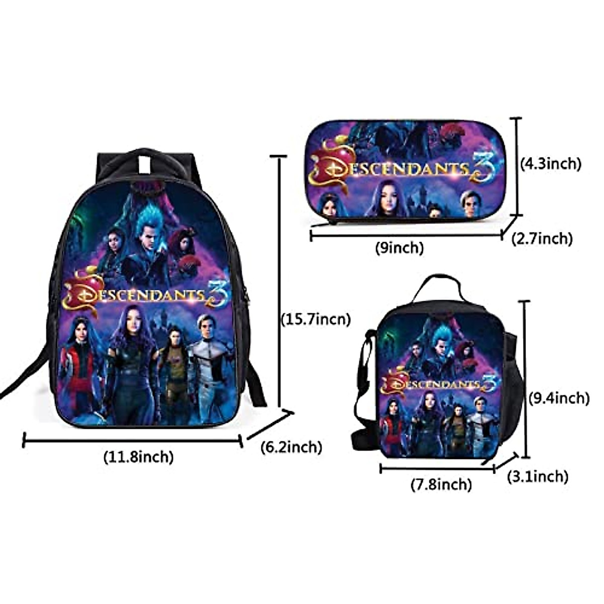 De.scen.dants 3 Backpacks Bookbag With Lunch Bag Pencil Case Teens Travel Daypack Sets Boy Girls, Black