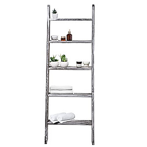 Rustic 5-Tier Wall-Leaning Wood Loadder Towel Racks for Bathroom Livingroom Kithen Office Woden Farmhouse Ladder-Style Blanket Rack Multipurpose Organizer Rack for Home (Grey)