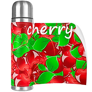 Stainless Steel Leather Vacuum Insulated Mug Cherry Thermos Water Bottle for Hot and Cold Drinks Kids Adults 16 Oz