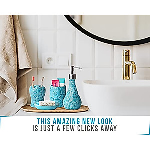 Designer - 4 Piece Bathroom Accessories Set - with Soap or Lotion Dispenser, Toothbrush Holder, Tumbler and Soap Dish - Glossy Finish - Porcelain (Ocean Waves, Aqua Blue) Holds 15.6oz