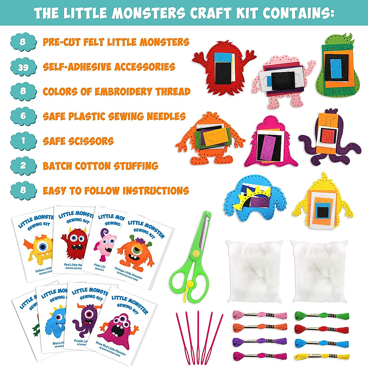 CiyvoLyeen Little Monsters Sewing Craft Kit for Children Adopt A Monster Felt Plush DIY Sewing Art Kids Educational Toys Monster Bash Craft Gift for Beginners Set of 8