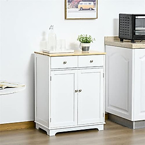 SEASD Kitchen Storage Cabinet, Sideboard Floor Cupboard with Solid Wood Top, Adjustable Shelf, and 2 Drawers
