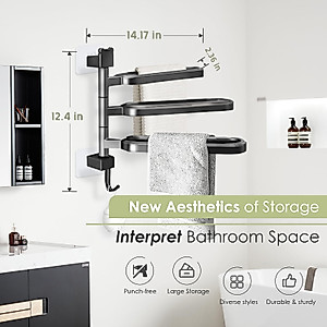 Pysrych No Drill Swivel Towel Rack Wall Mounted 3-Arm Towel Bar ABS Self-adhesive Towel Holder with Hook for Bathroom Shower Kitchen Black