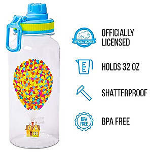 Silver Buffalo Disney Pixar Up House and Balloons Twist Spout Plastic Water Bottle with Stickers You Stick Yourself, 32 Ounces