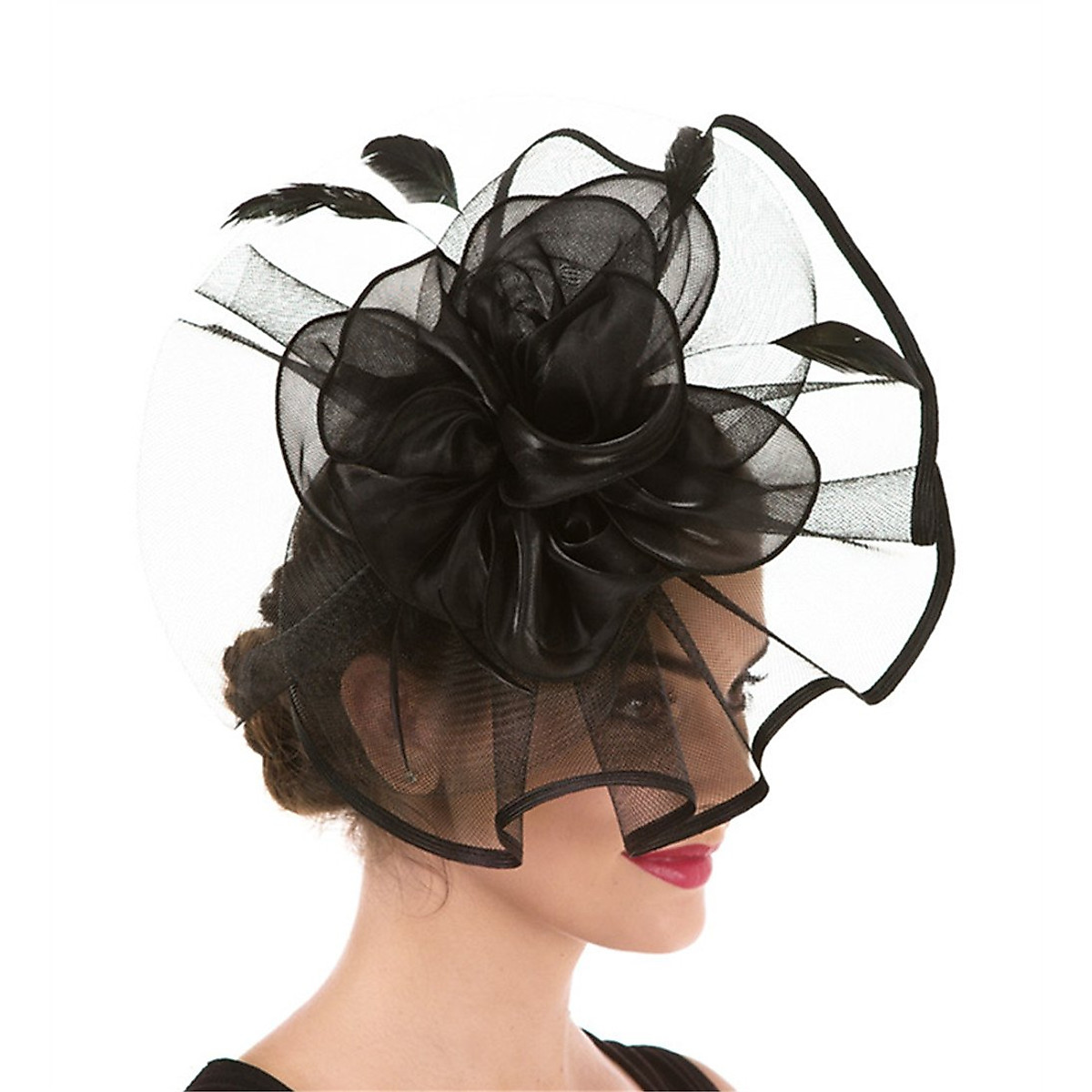 Fascinator Women's Organza Church Kentucky Derby British Bridal Tea Party Wedding Hat Summer Ruffle Hat(Hj2-Black)