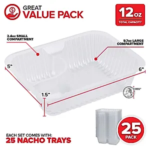 12oz Plastic Nacho Trays (25 Pack) Small Disposable Tray for Nachos & Cheese Dip, Concession Stand Supplies, Movie Night Snacks for Kids, Carnival Party Decorations, Food Boats, Snack Containers…