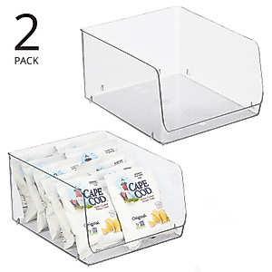 mDesign Wide Stackable Plastic Food Storage Organizer Bin Basket with Open Front for Household Kitchen Cabinets, Pantry, Offices, Closets, Bedrooms, Bathrooms - 10.2" Wide, 2 Pack - Clear