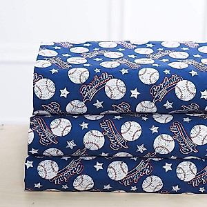 Elegant Homes Blue White Red Baseball League Sports Design 4 Piece Printed Sheet Set with Pillowcases Flat Fitted Sheet for Boys/Kids/Teens # Baseball (Full)