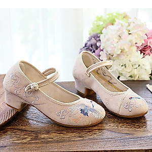Henoo Women's Round Toe Low-Heel Shoes, Retro Chinese Style Ebroidered Shoes, Tendon-Soled Dance Cloth Shoes Beige