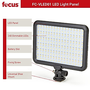 Focus Camera Video Light – 204 LED Dimmable, Ultra Slim and High Power On-Camera Lighting Panel - Built-in Color Temperature Switch – Universal Hot Shoe for Sony, Canon, Nikon, Pentax, DSLR Cameras