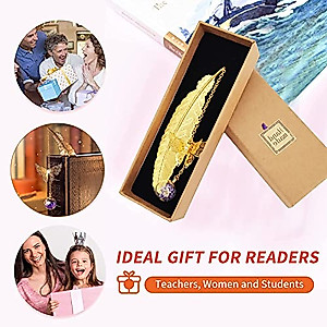 Metal Feather Bookmark, Vintage Book Marks with 3D Butterfly and Glass Beads Dry Flower Pendant, Mother's Day, Graduation Season for Women, Men Book Lovers Creative Gifts Bookmarks-Gold