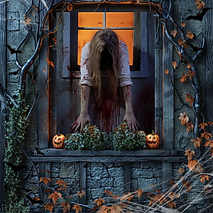 Halloween Window Cover Decorations, Fabric Scary Window Clings Banner Decor Creepy Halloween Window Door Silhouette Curtain Poster Decor Halloween Party Decorations Indoor Outdoor