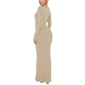 REORIA Women's Sexy Casual Mock Turtleneck Long Sleeve Elegant Long Dress Fall Wedding Guest Tight Ribbed Lounge Bodycon Maxi Dresses Khaki Medium