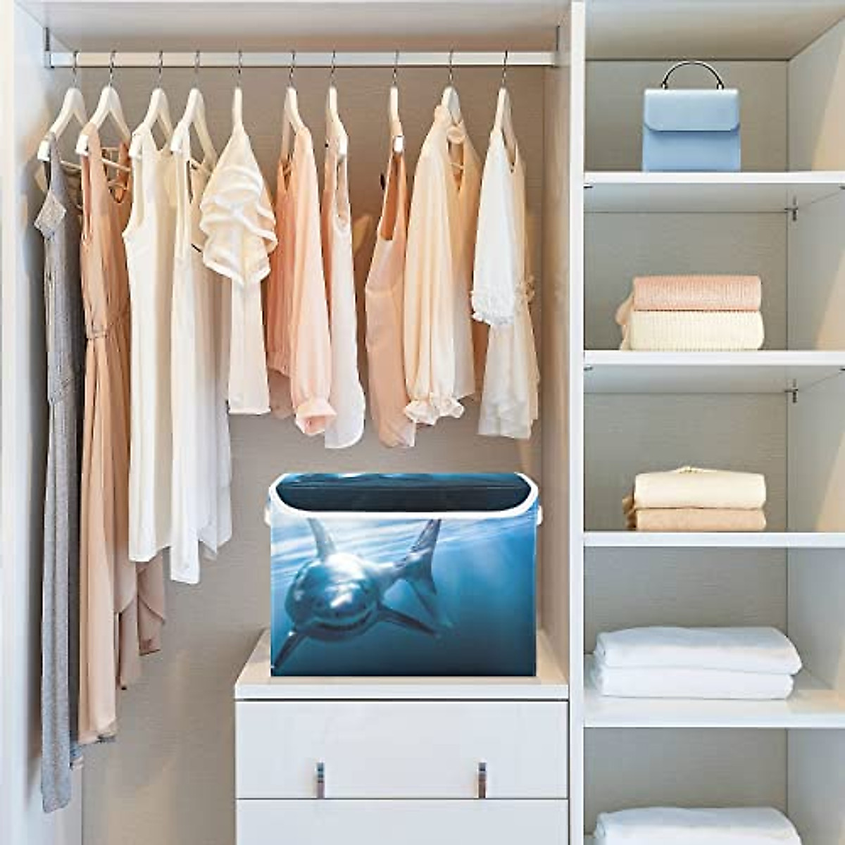 CaTaKu Water Shark Storage Bins with Lids and Handles, Fabric Large Storage Container Cube Basket with Lid Decorative Storage Boxes for Organizing Clothes
