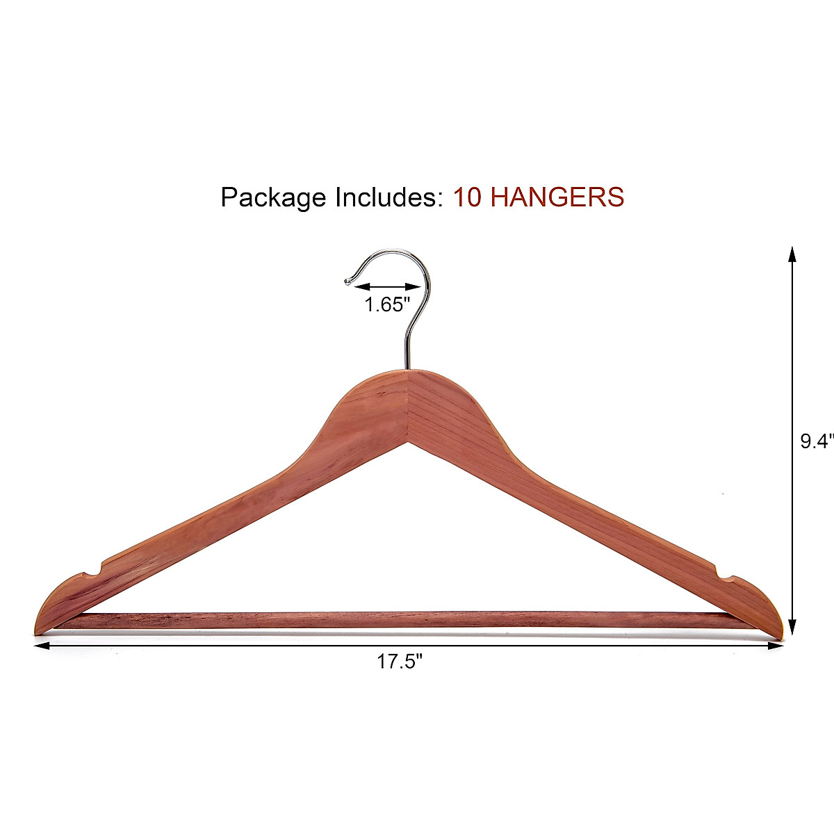 American Red Cedar Wooden Coat Suit Hangers, Wood Skirt Dress Hangers, Smooth Cut Notches- 360°Flexible Hook- Solid Non-Slip Bar 10 Pack-Natural - HL03N