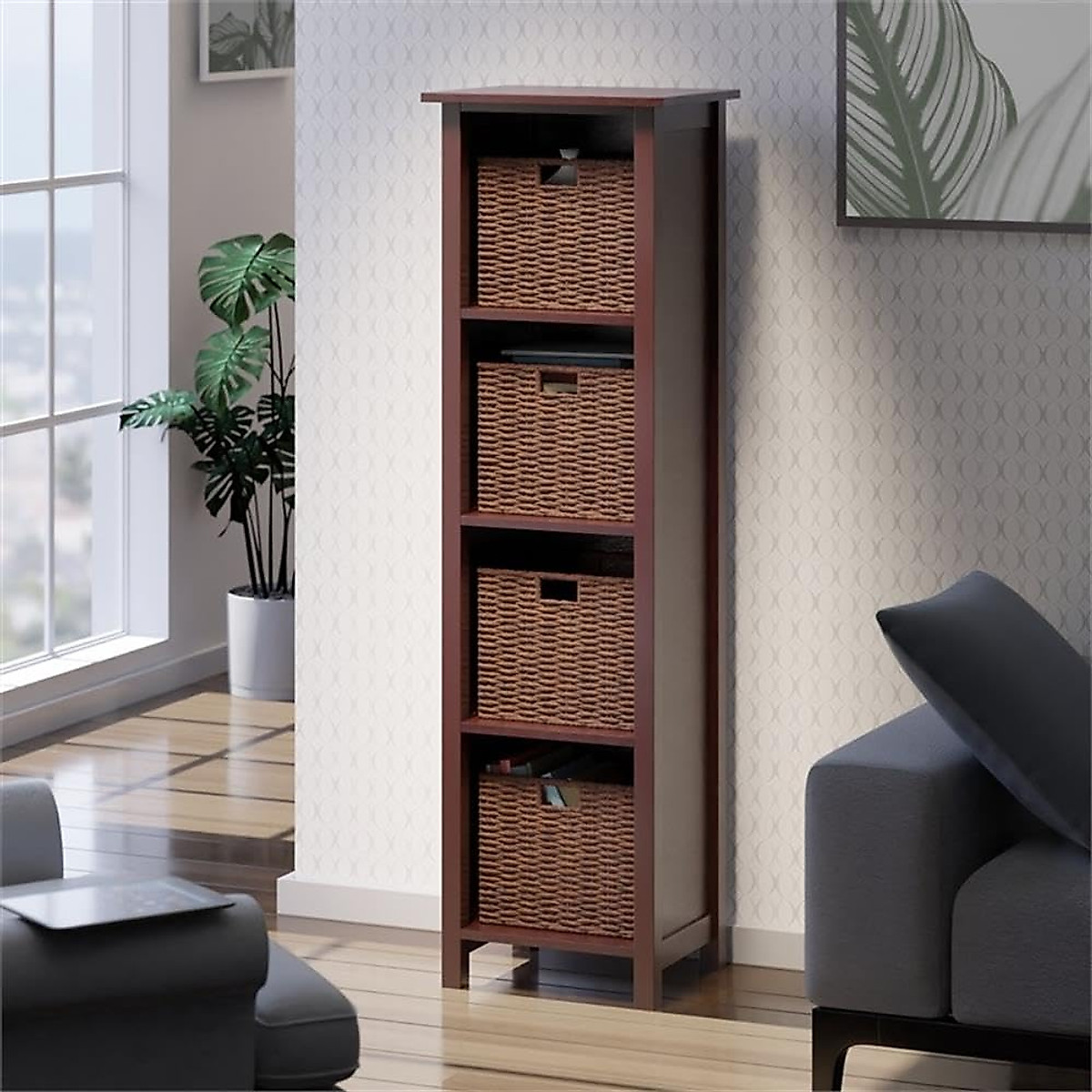 Winsome Wood Milan 5-Pc Storage Shelf with 4 Foldable Woven Baskets - Walnut