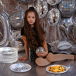 durony 150 Pieces Silver Disco Ball Paper Dinner Plates 70s Silver Foil Disposable 9-Inch Plates 80s 90s Disco Paper Tableware for Disco Bachelorette Groovy Birthday Wedding Party Decorations