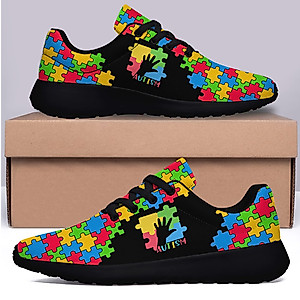 Autism Shoes Womens Mens Lightweight Breathable Running Sneaker Classic Autism Awareness Puzzle Print Tennis Walking Gym Shoes Black Size 10.5