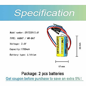 BAOBUTE 5PCS MR-BAT ER17330V 3.6V 1700mAh PLC Replacement Battery with Plug Non-Rechargeable for A6BAT FANUC CNC System Power, 17*35mm
