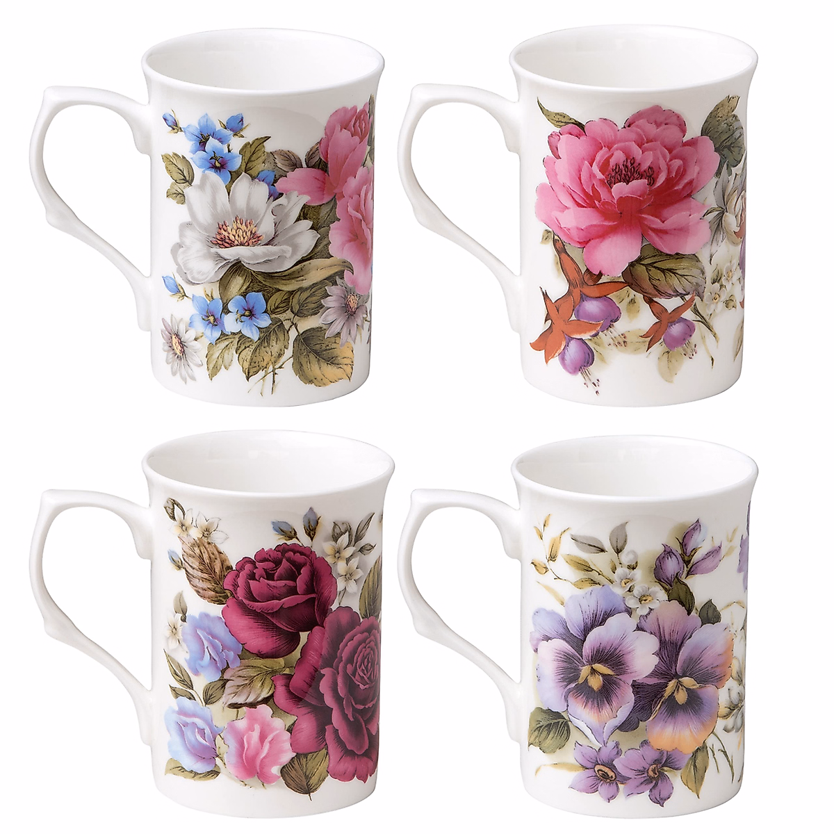 Grace Teaware Bone China Coffee Tea Mugs 9-Ounce, Assorted Set of 4 (Classic Floral)