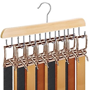 NECAMOCU Belt Hanger, Natural Wooden Belt Organizer for Closet, 360° Rotating Tie & Belt Rack for Storage with 14 Hooks, Sturdy Belt Holder Space Saver for Belt, Tie, Bra, Scarf, Tank Top Accessories