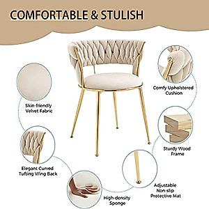 Nlur Velvet Dining Chairs Set of 2 Upholstered Side Chair Accent Chair Living Room Vanity Chair with Golden Legs for Dining Room Kitchen, Ivory