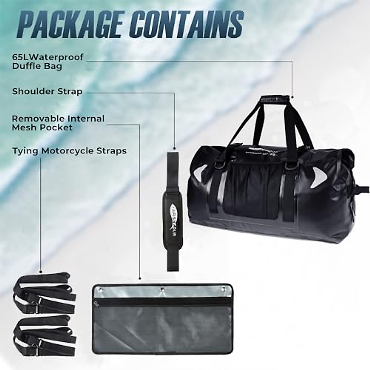 AFISHTOUR 65L Waterproof Duffel Bag for Men and Women - Large Motorcycle Duffle Bag with Straps for Back Seat - Roll Top Dry Bag for Kayaking, Rafting, Boating, Swimming, Beach (Black)