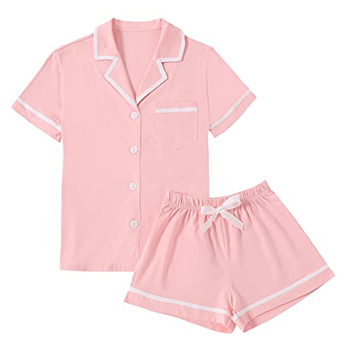 LYANER Women's Cotton Pajamas Set Button Short Sleeve Shirt with Shorts Set PJs Loungewear Pink Medium