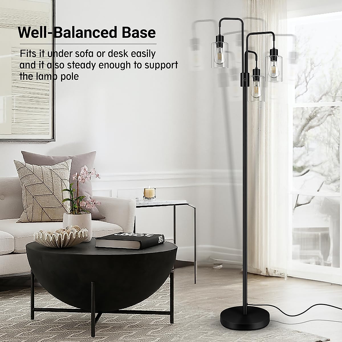 BoostArea Industrial Floor Lamp for Living Room,Glass Lampshade,Modern Stand Up Lamp with 3 Light,Simple Design Floor Lamp for Bedroom, Living Room, Office, Kids Room, Reading