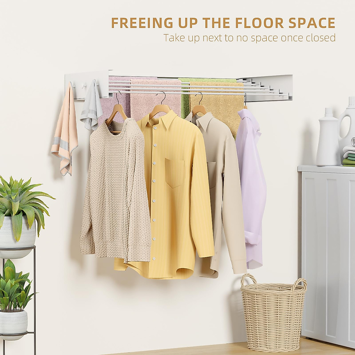 ZMBESUP 【Upgrade】 Laundry Drying Rack, 40" Drying Rack Clothing Wall Mounted,Foldable, 5 Aluminum Rods with 6 Hooks, Space-Saving White Collapsible Drying Racks Hanger for Laundry Bathroom