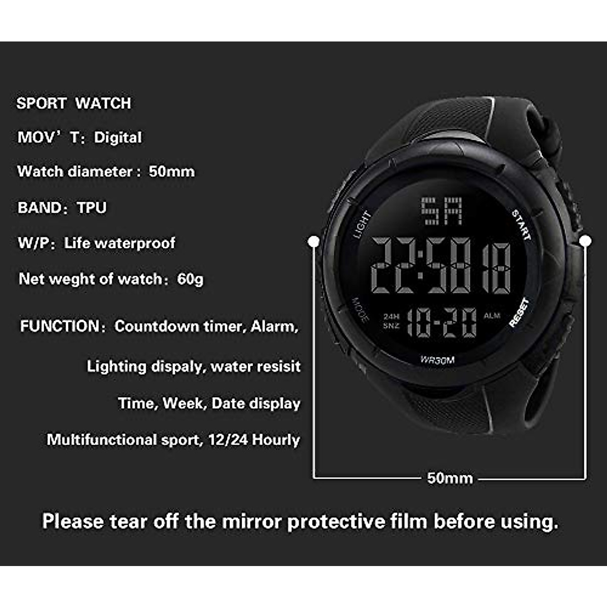 Men's Digital Sports Watch Waterproof Military Electronic Stopwatch for Men with Auto Date Alarm LED Backlight Chronograph Black