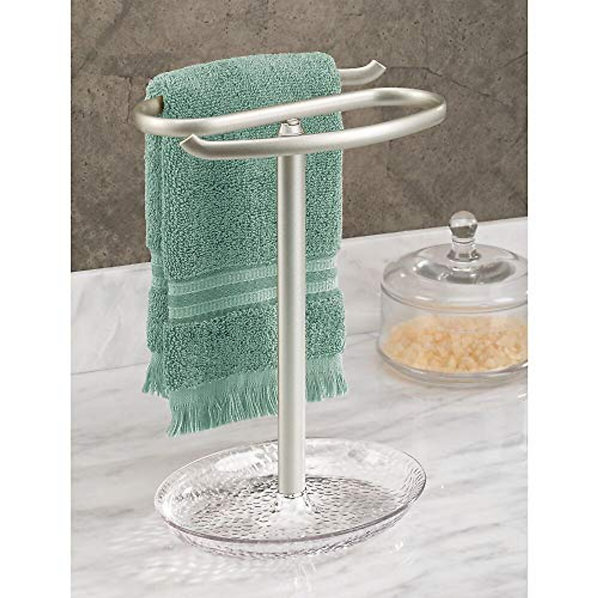 mDesign Steel Fingertip Towel Rack Stand with Base Tray - Towel Holder, Towel Bar for Bathroom, Kitchen, Powder Room - Holds Hand Towel, Washcloths - Rain Collection - Clear/Satin