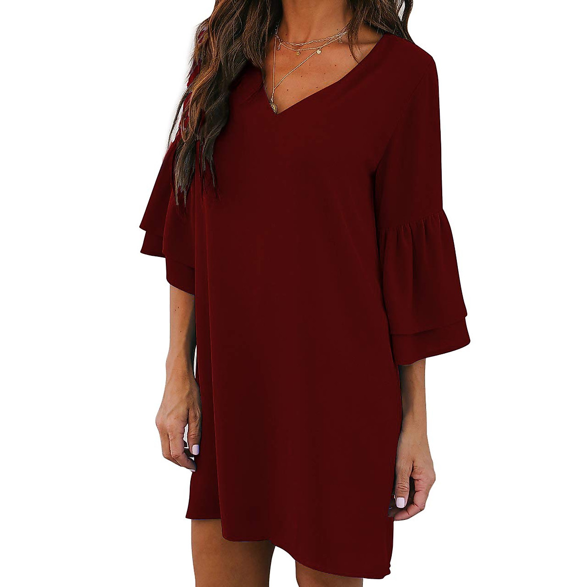 BELONGSCI Women's 2023 Summer Dress Sweet & Cute V-Neck Bell Sleeve Shift Dress Mini Dress, Perfect for Wedding or Graduation