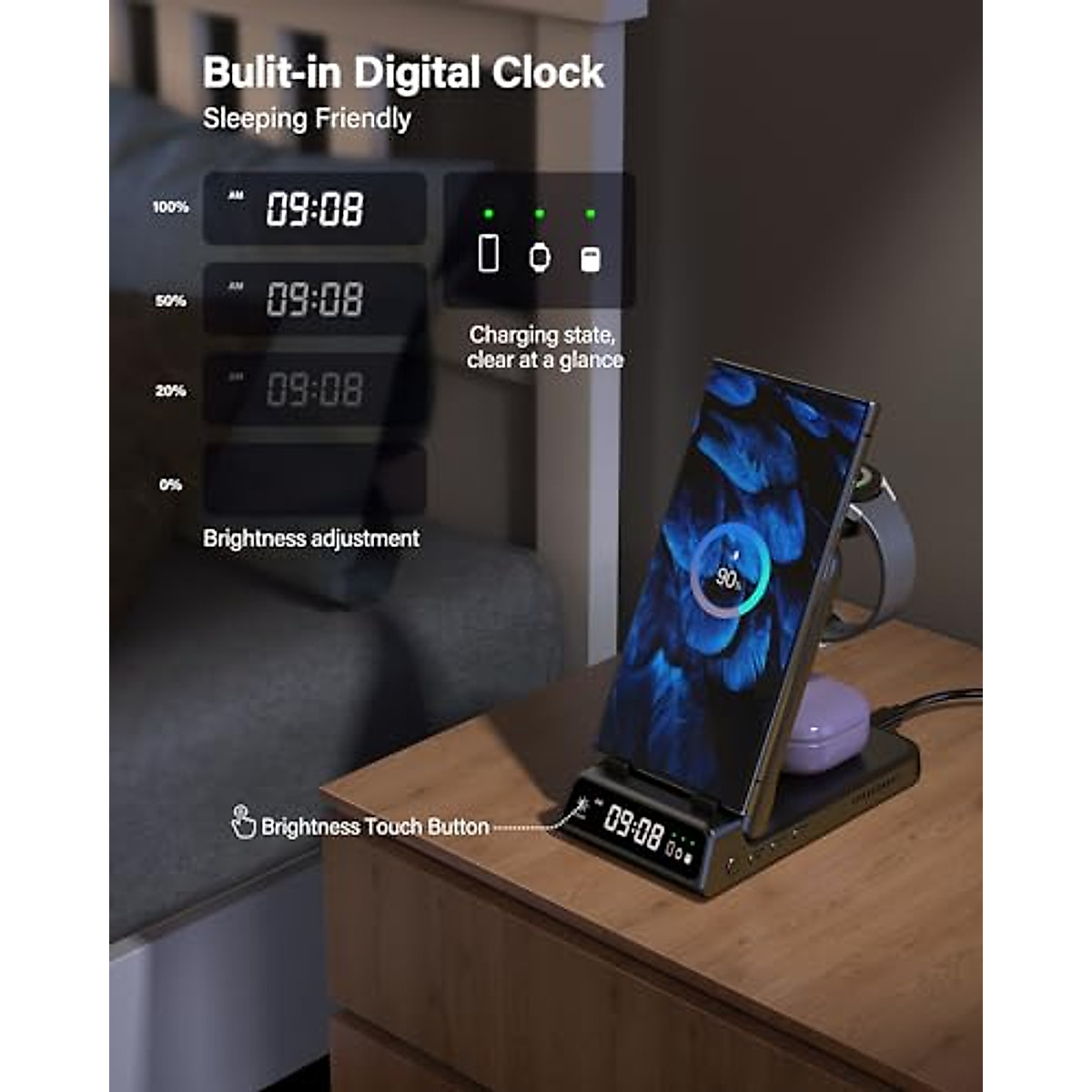 SwanScout Charging Station for Samsung S24 Ultra, SwanScout 703S, Wireless Charger for Samsung S24+/S24/S23 Ultra/S23/S22/Note 20, Galaxy Watch 6/6 Classic/5/4, Galaxy Buds 2 Pro/Pro (for Travel)