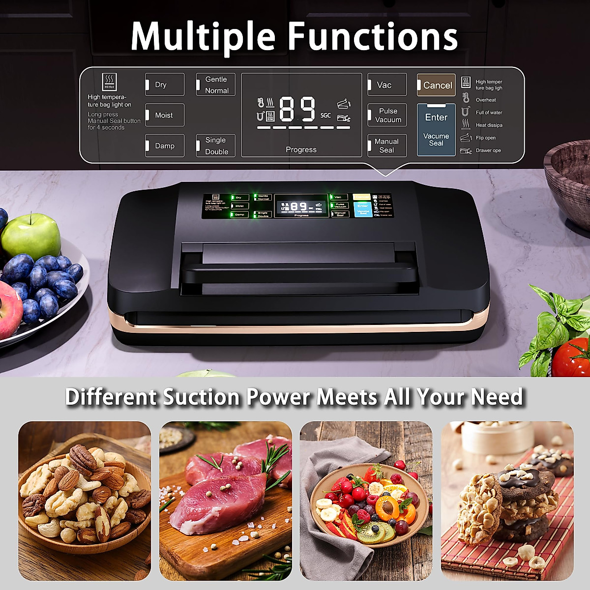 95kpa Commercial Vacuum Sealer Machine,Full Automatic Food Sealer, With 10-in-1 Functions,Easy-Lock Handle, Double Heat Seal,Vacuum Sealer for food With Bags Storage, Built-in Cutter,Progress Display