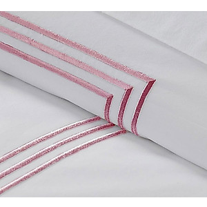 The Tangerine Store 3-Piece Lines Cotton Sateen Duvet Cover Set (88x90 inches) - Queen Size, White with Bubblegum Pink Embroidered Edge - Zip Closure, 4 Corner Ties, Pre-Washed Fabric