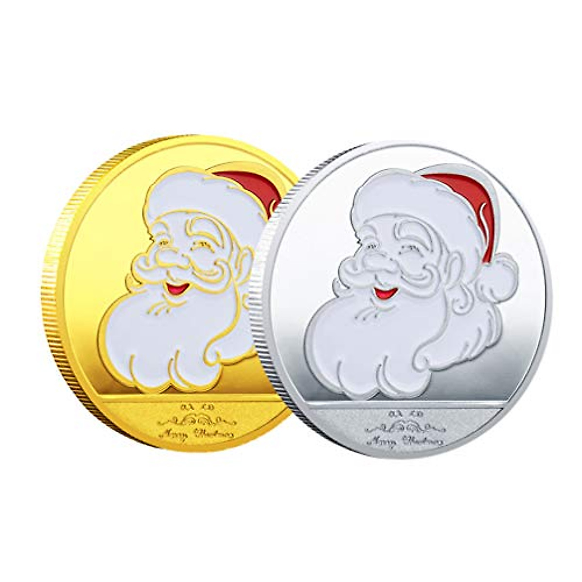 Amosfun 2pcs Christmas Challenge Coins Silver Santa Claus Coins Commemorative Coins Collection Arts Christmas Party Favors Gifts (Silver + Golden)