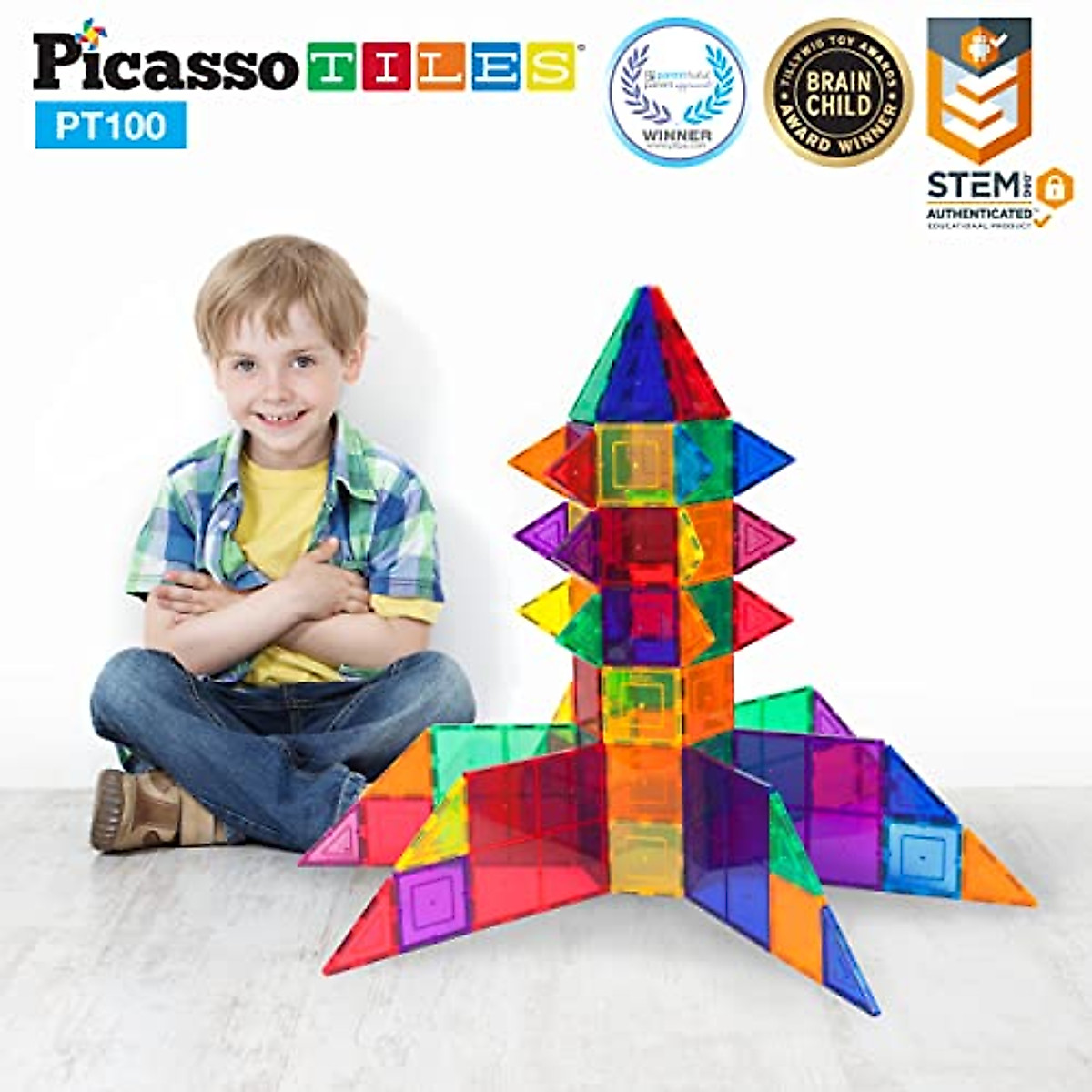 PicassoTiles 100 Piece Set 100pcs Magnet Building Tiles Clear Magnetic 3D Building Blocks Construction Playboards, Creativity Beyond Imagination, Inspirational, Recreational, Educational Conventional