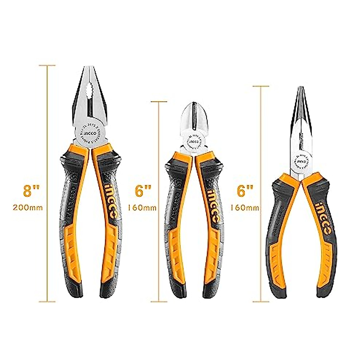 INGCO Pliers Tool Set, 3pcs Small Plier Set, 8 Inch Combination Pliers, 6 Inch Diagonal Cutting Pliers, 6 Inch Needle Nose Pliers HKPS08318