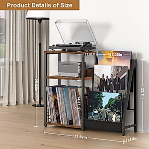 LEBOAHOUS Brown Record Player Table with Vinyl Display Shelf Storage Up to 150 Albums, Printer Stand for Office, End Table Turntable Holder for Living Room, 3 Tier AV Media Stands DVD Video Game Console Shelf