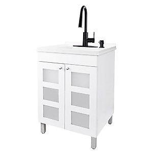 Utility Sink with White Vanity Cabinet by JS Jackson Supplies, Black High-Arc Pull-Down Sprayer Faucet, Soap Dispenser and Spacious Vanity for Laundry Room