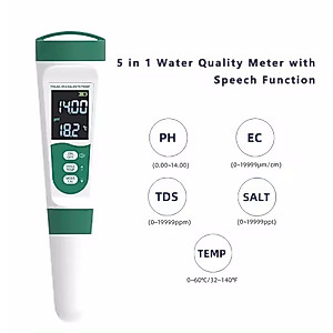 5-in-1 Voice Prompts Water Quality Tester for PH/TDS/EC/Salt/Temperature, with USB-Rechargeable, IP67 Digital pH Meter with Auto Calibration and VA for Hydroponics, Garden, Pool, Aquarium