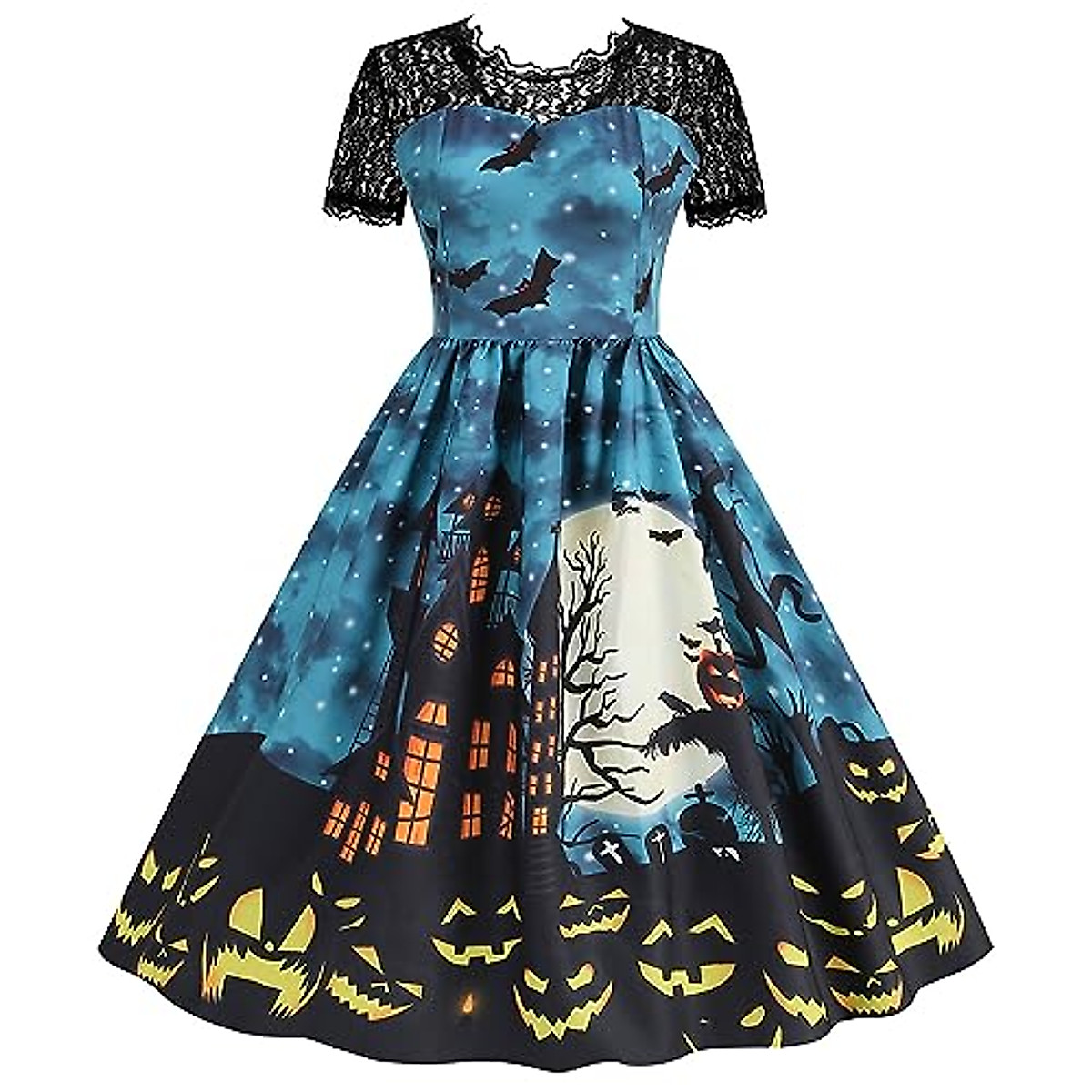 Halloween Costumes for Women Scary Funny Skeleton Swing Dress Lace Short Sleeve Flared Dresses Holiday Party Dress Sky Blue