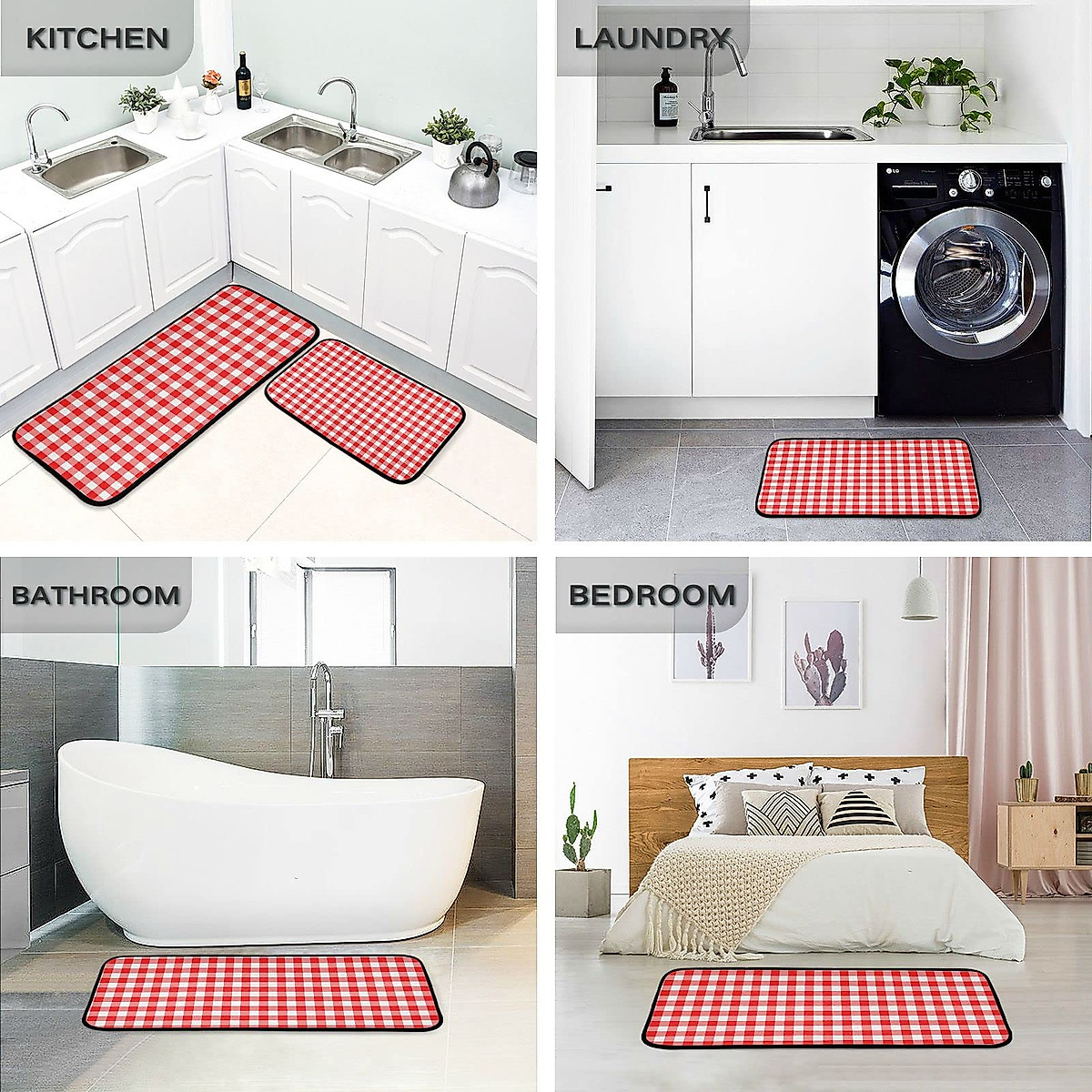 Kigai Kitchen Rugs 2 Piece Waterproof Non Slip Kitchen Mat Red & White Checked Kitchen Rug Set for Sink Office Kitchen Cafe, 19.7"x47.2"+19.7"x27.6"
