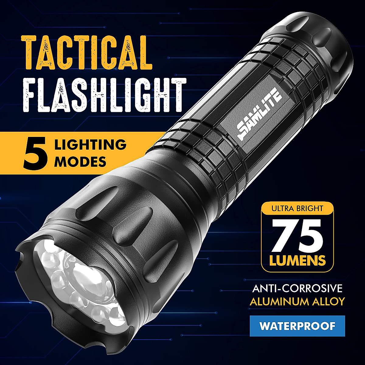 SAMLITE- LED Tactical Flashlight with 5 Options, Bright LED Light, Laser Pointer, UV Blacklight, Green Light and Magnetic Bottom - Water Resistant - (3 AAA Batteries Included)