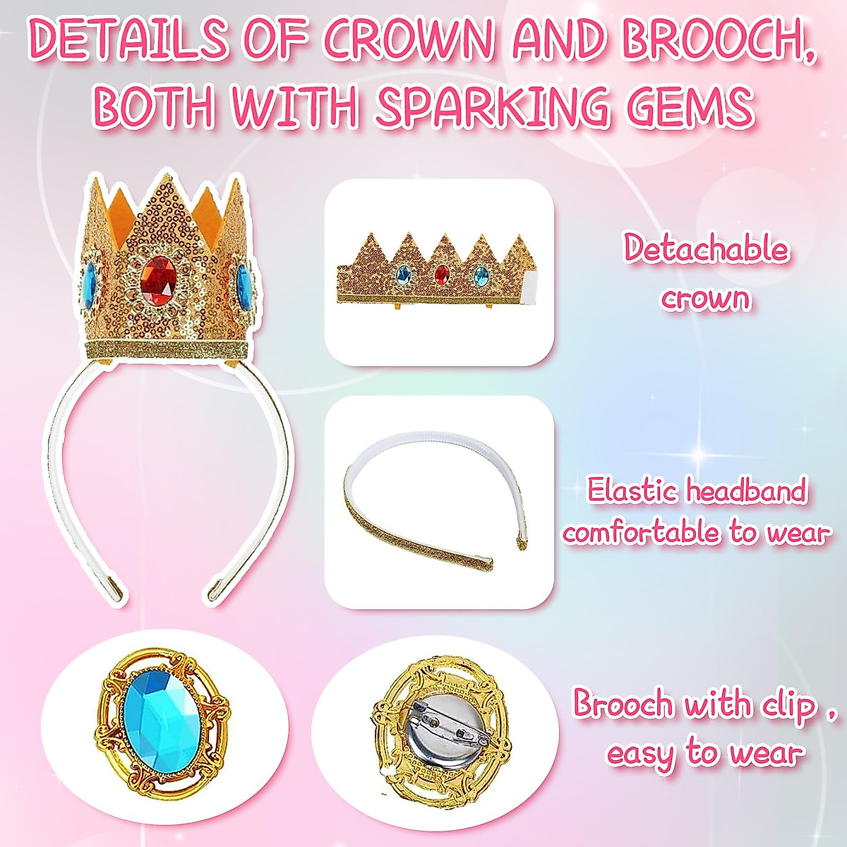 Anogol Hair Cap+ (8 Pcs Set) Princess Wig For Women Golden Long Wavy Wig Peach Cosplay Wig Anime Synthetic Wig For Halloween Party Costume Wig (1 Crown+ 1 Wand+ 2 Earrings+ 2 Gloves+ 1 Brooch)