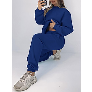 KANSOON Women Sweatsuits Sets Two Piece Outfits Long Sleeve Round Neck Top Sweatpants Tracksuits Sets Loungewear Blue M