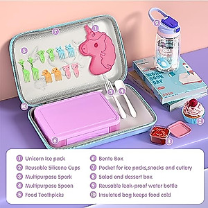 Lunch Bag Bento Lunch Box Set for Girls - Insulated Lunch Bag with 5 Compartment Bento Box Water Bottle Ice Pack Silicon Cap Salad Container for Kids Back to School, Picnic and Travel