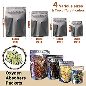 Smell Proof Can Resealable Smell Proof Bags Mylar Bags with Oxygen Absorbers Pack Resealable mylar bags Resealable bags Mylar Ziplock Bags Food Storage Packaging 4 different sizes 150 pieces (Black)